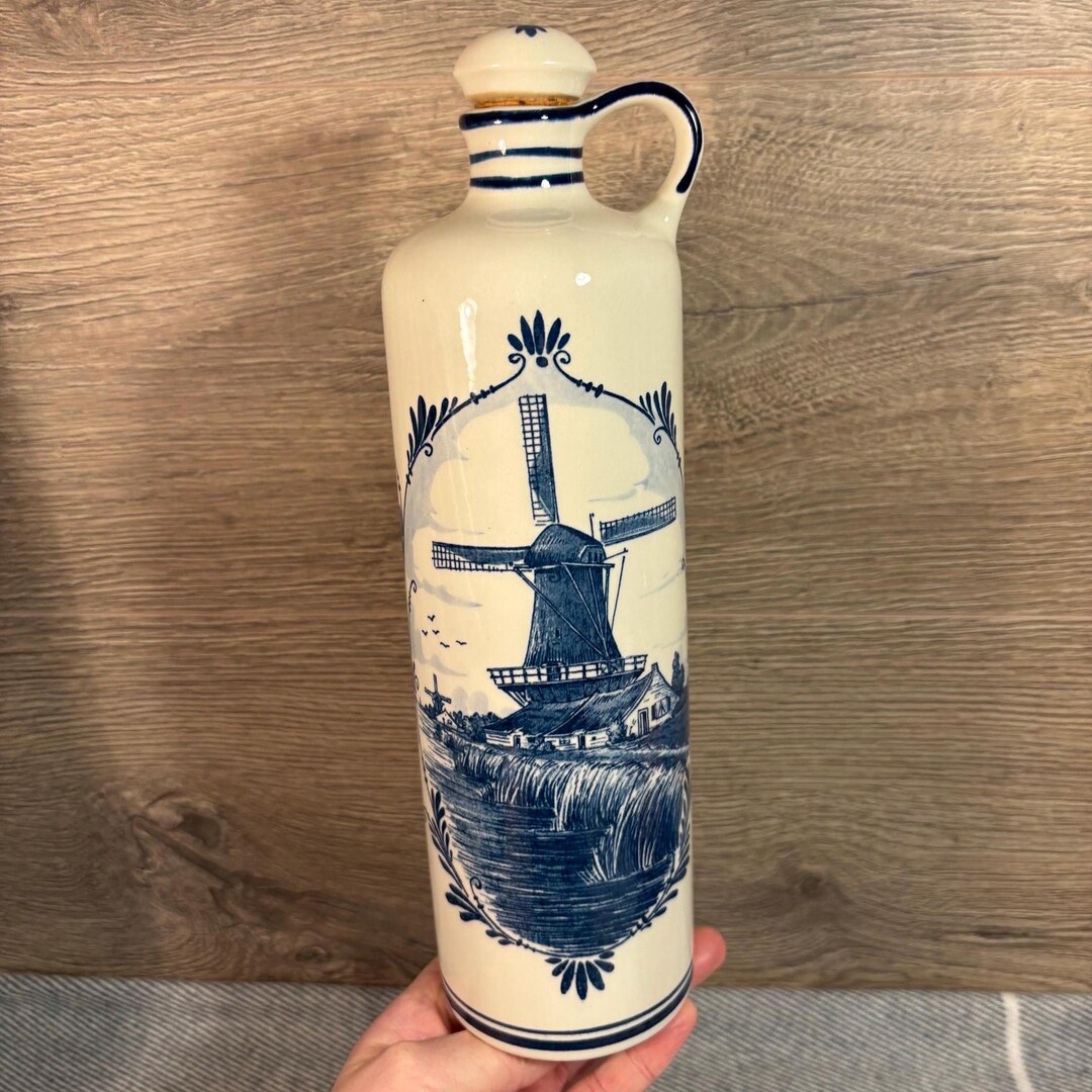 Vintage Delft Blue Made in Holland Handwerk Hand Painted Flask Bottle With Windmill and Cork ...