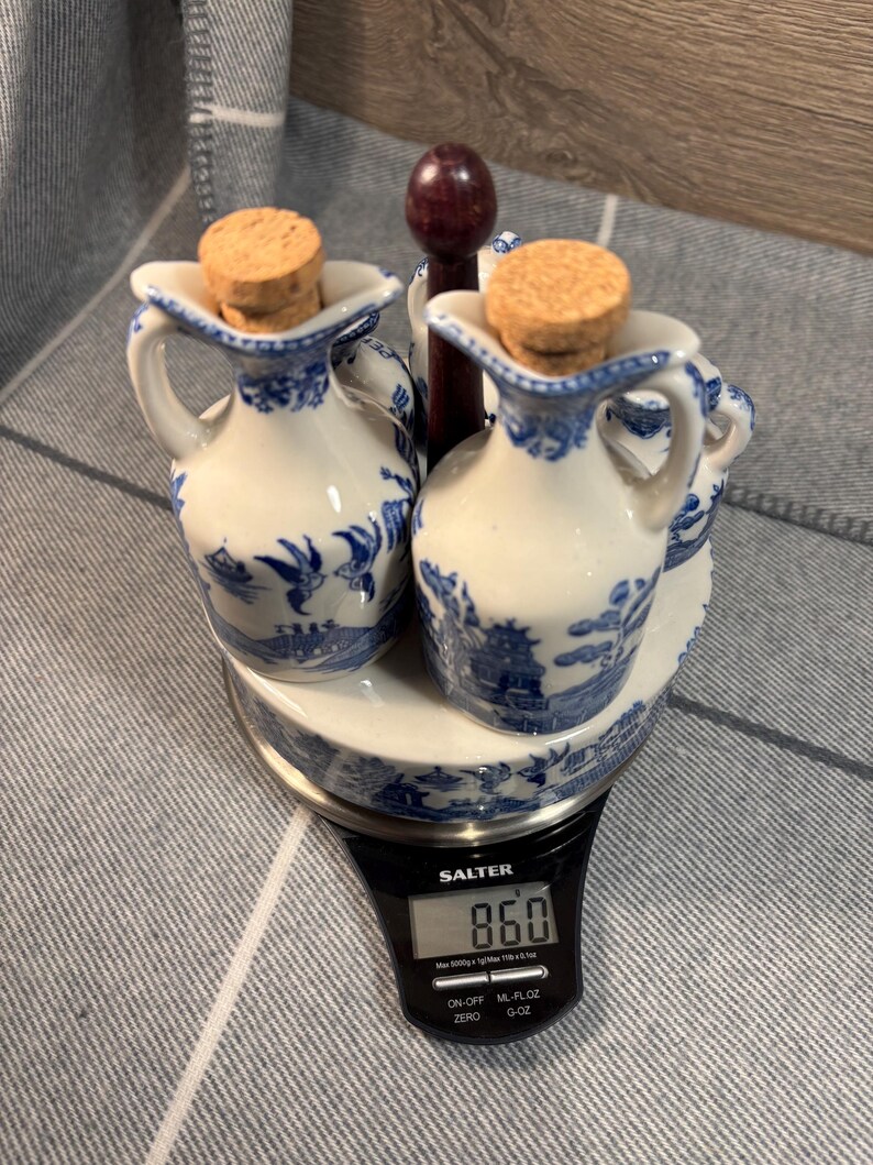 Vintage Cobalt Blue & White Willow Revolving Base Cruet Condiment Set ...