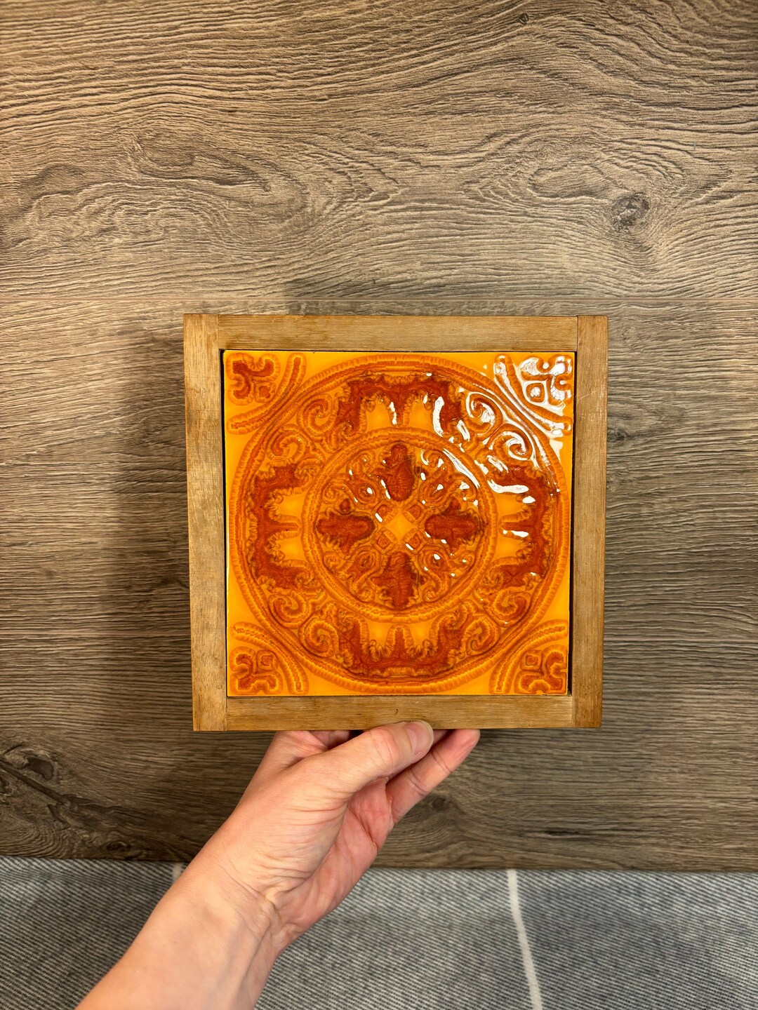 Vintage Tile Relief in Wooden Old Frame Square Trivet | Mustard Amber ...