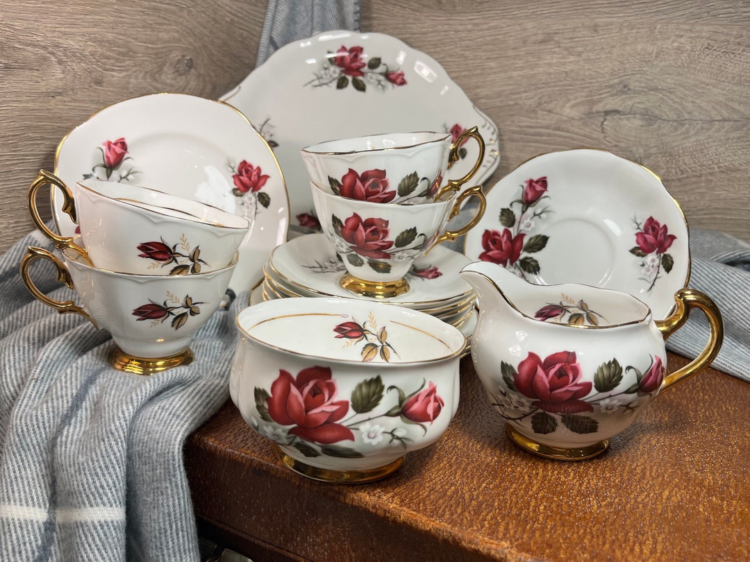 Vintage Royal Imperial Bone China Gilded Garnet Red Rose Tea Party Set ...
