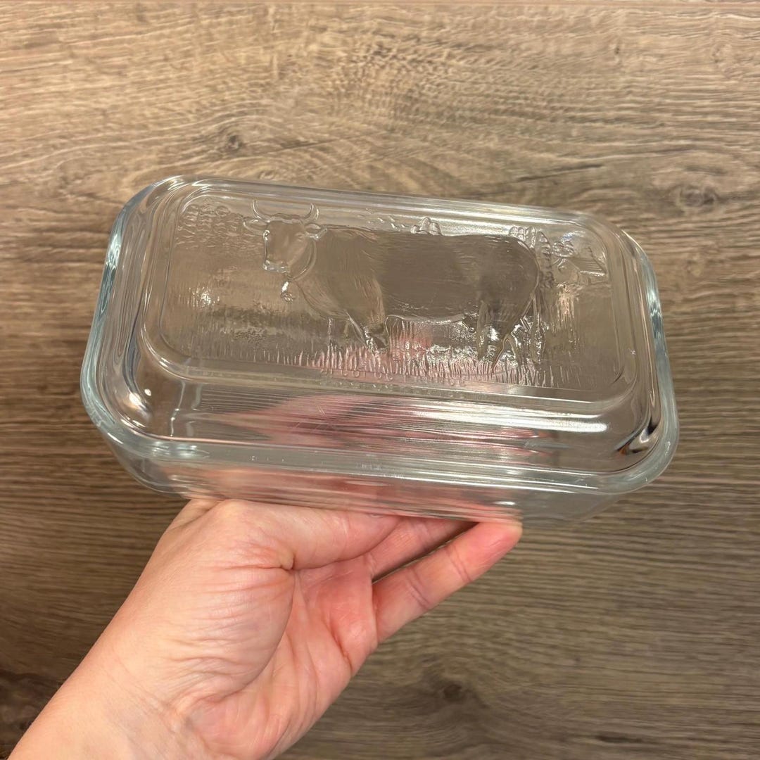 Vintage Arcoroc French Clear Glass Rectangular Embossed Cow With a Bell ...