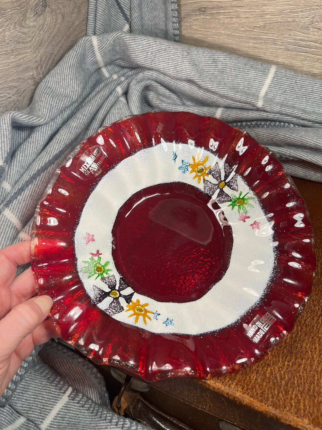 Vintage Hand Made Greek Mixaha Glass Artistic Floral Red Platter Plate ...