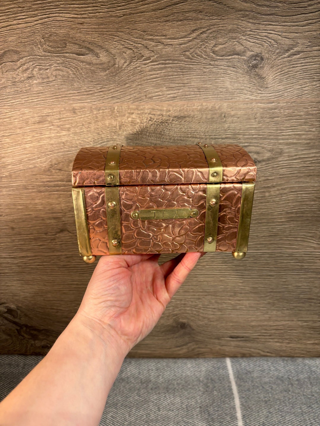 Vintage Brass & Copper Treasure Chest Lidded Tea Caddy Made in England ...