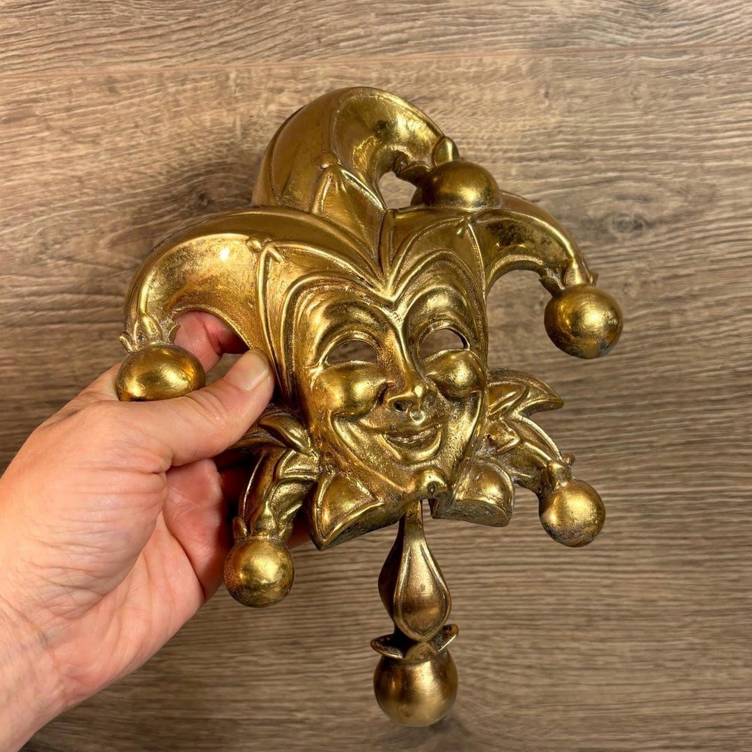 Vintage Heavy Solid Brass Jester Door Knocker | Large Gold Tone Joker ...