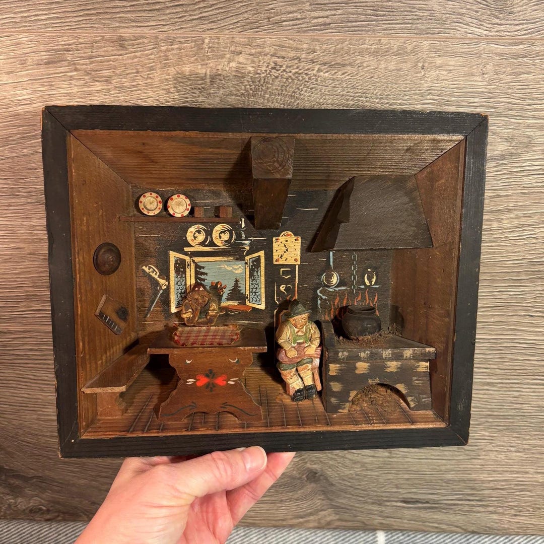 Vintage Italian Hand Crafted Rustic Kitchen Scene Diorama Wooden Shadow ...