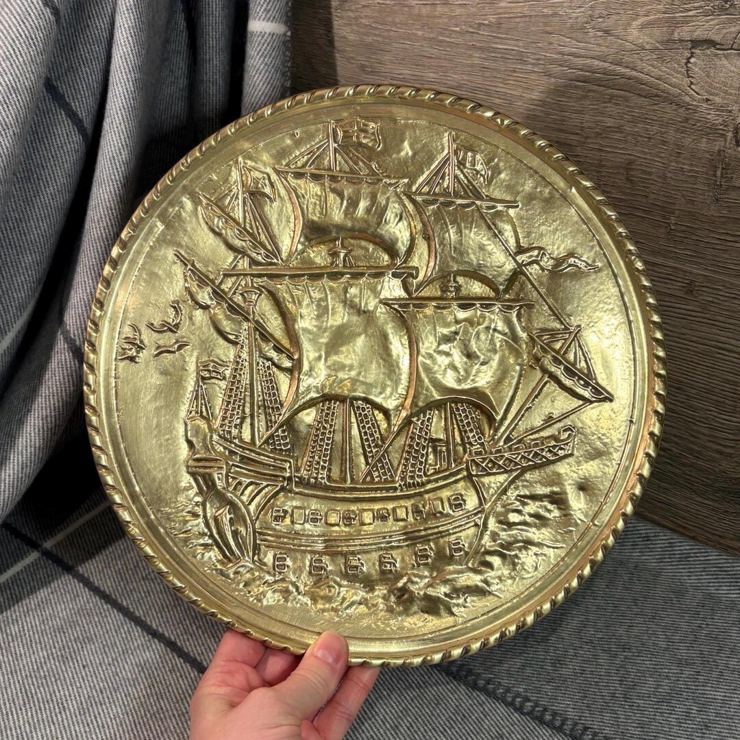 Vintage 11" Hammered Brass Sailing Ship Nautical Round Wall Plate ...