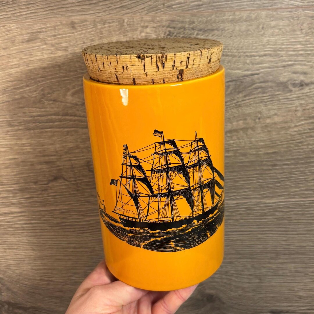 Vintage Sailing Ship Cork Lid Cylindrical MCM Orange Stoneware Jar ...
