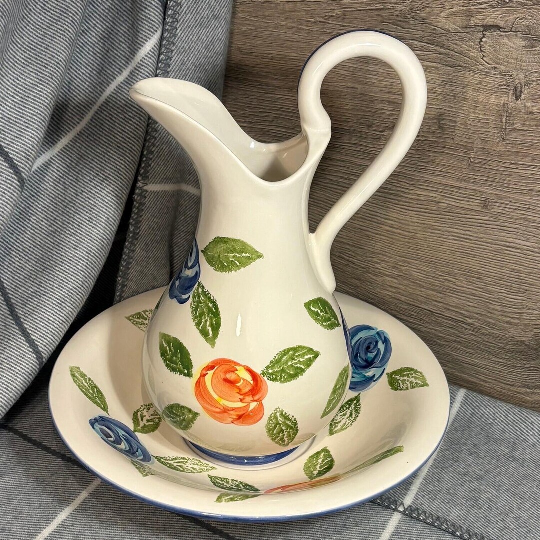 Vintage Hand Painted Stencil Jug & Washing Bowl Basin Set | Stencilled ...