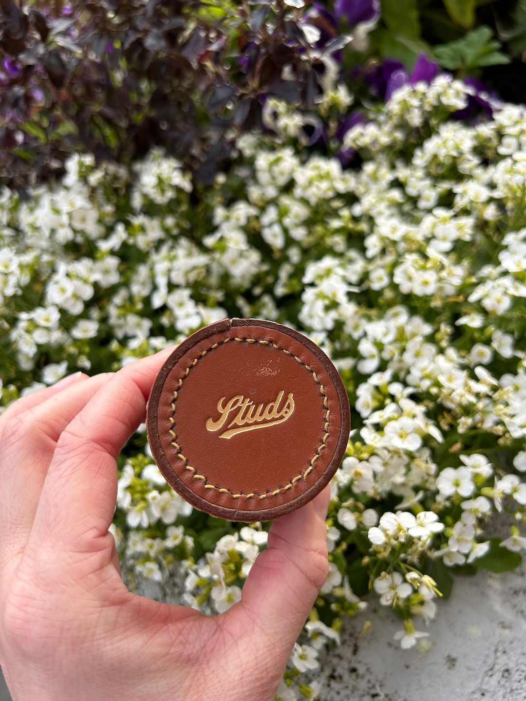 Vintage Genuine Brown Tan Leather Small Round Shape Stud Box Holder ...