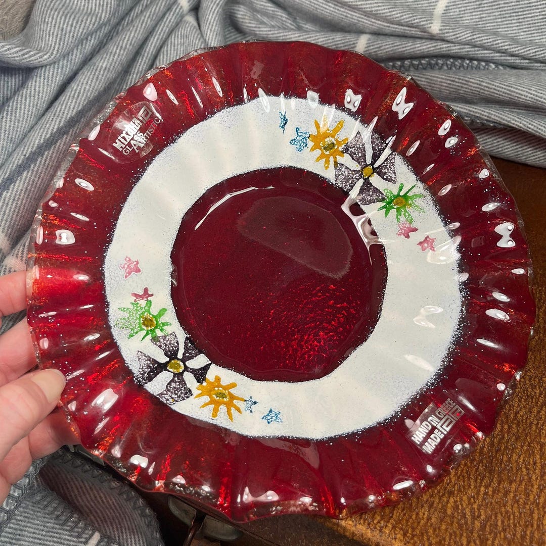 Vintage Hand Made Greek Mixaha Glass Artistic Floral Red Platter Plate ...