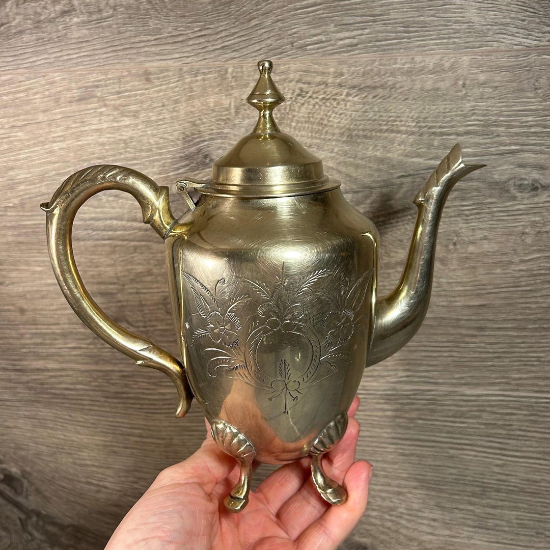 Vintage Edwardian Solid Brass Footed Hand Engraved Coffee Teapot ...