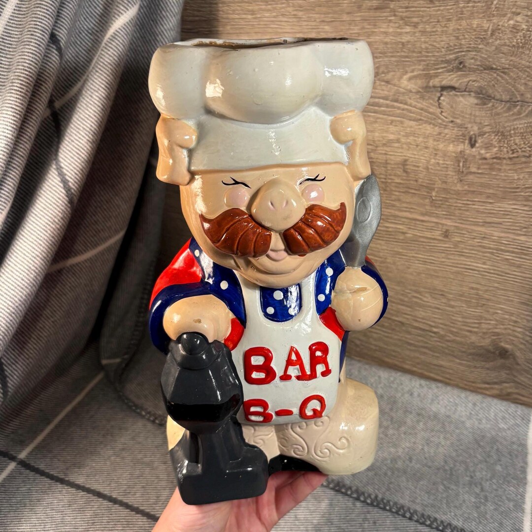 Vintage Bar B-Q Happy Bushy Moustache Mr Porky Cooking Utensil Holder ...