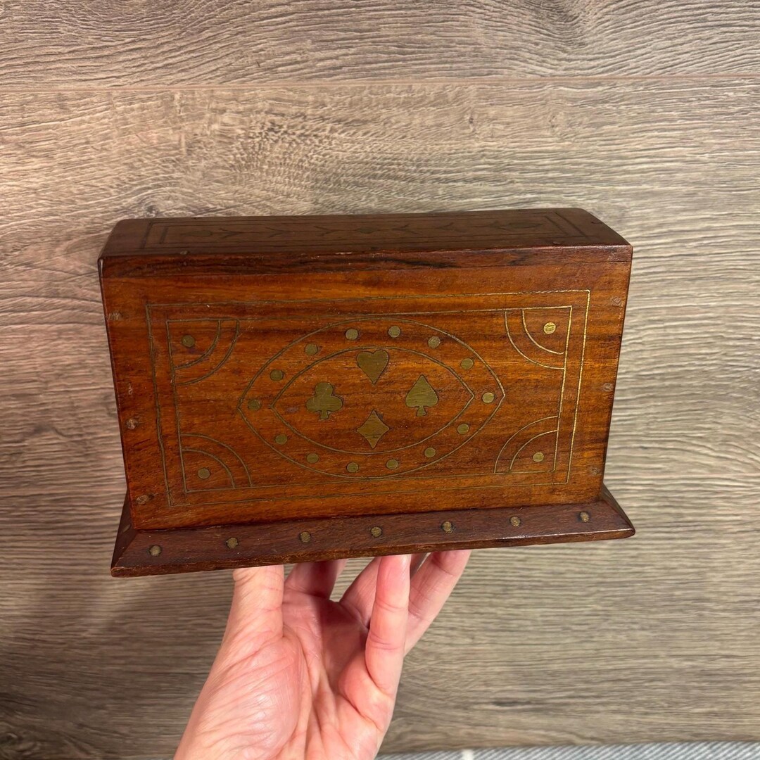Vintage Hand Crafted Wooden Twin Playing Card Packs Box With Brass ...