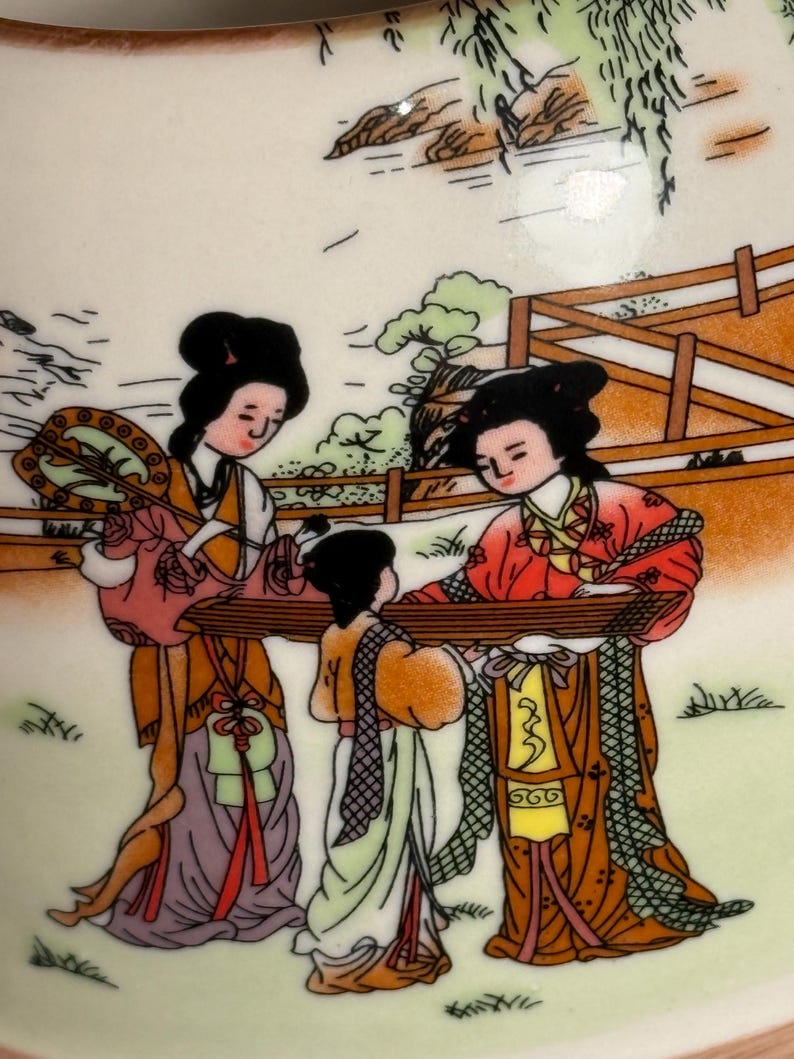 Preloved Geishas and Pagoda Scenes Wicker Handle Lidded Asian Teapot ...
