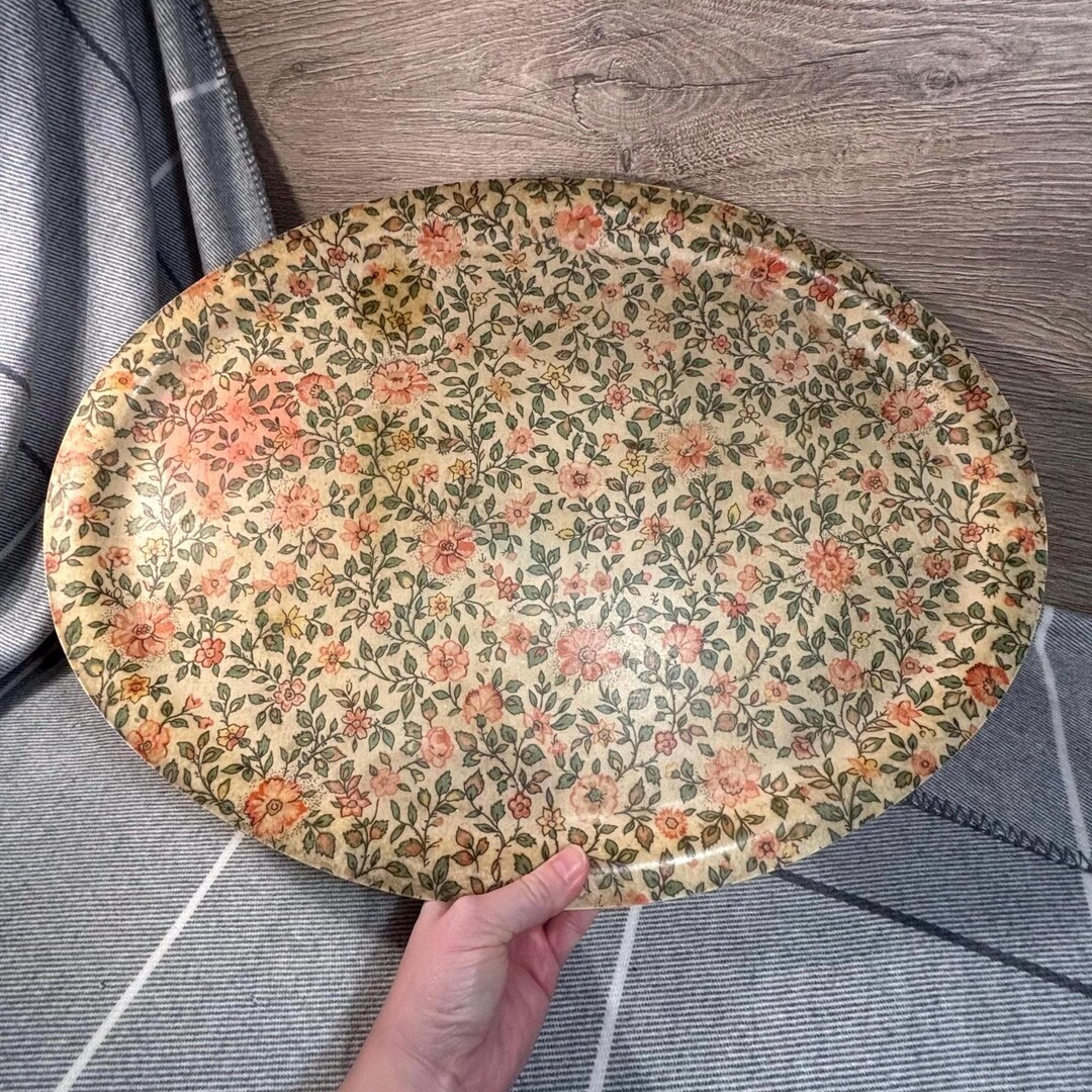 Vintage Fiberglass Large Oval Floral Serving Tray | 1970s Discoloured ...