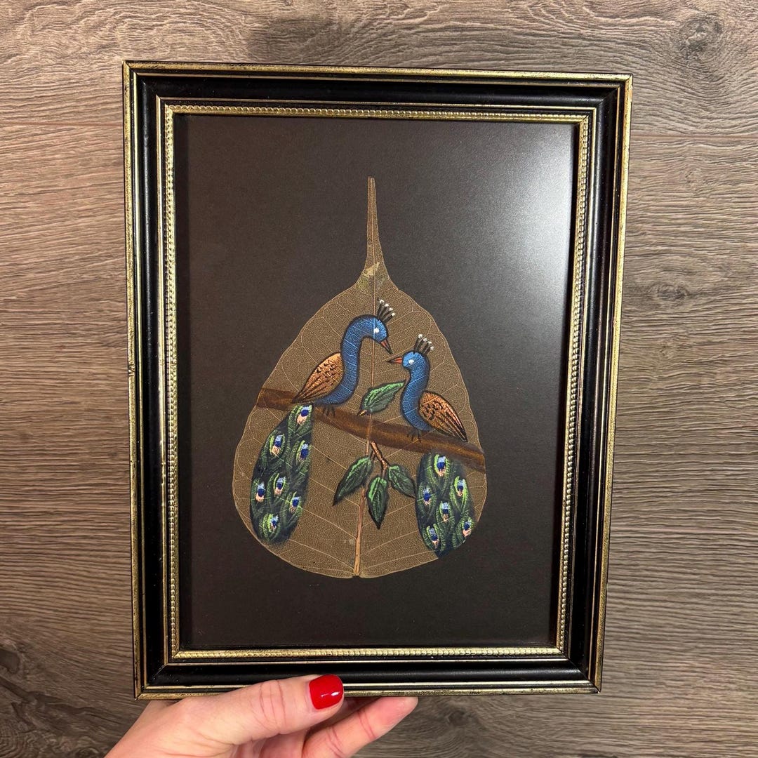 Vintage Peepal Leaf Hand Painted Colourful Peacock Pair on Tree Branch ...