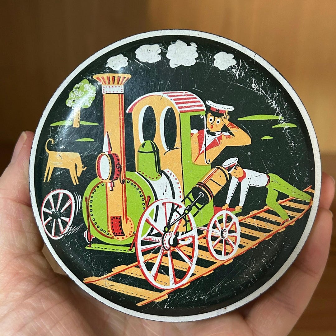 Vintage Mint Green Round Tin Steam Engine Train Railway Themed George W ...
