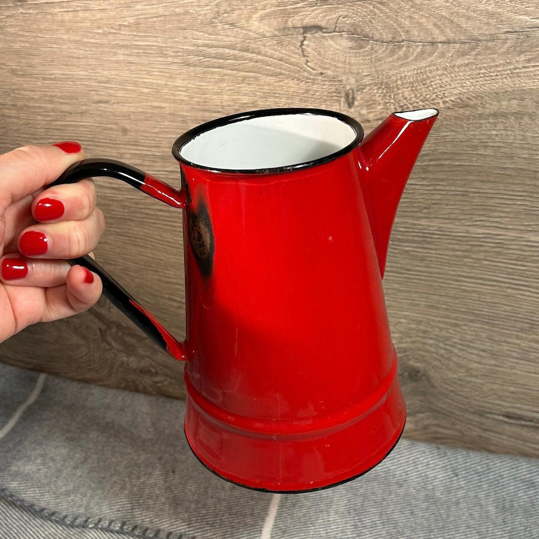 Vintage Mid Century Red Enamel Metal Polish Coffee Pot | MCM ...