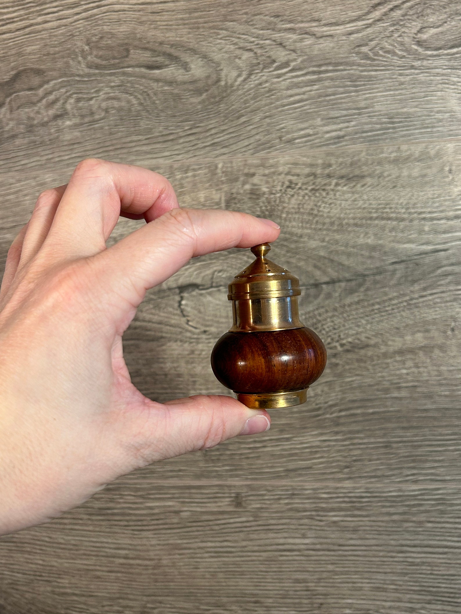 Vintage Brass and Walnut Gold Tone Wooden Salt and Pepper Shakers- 1 is ...