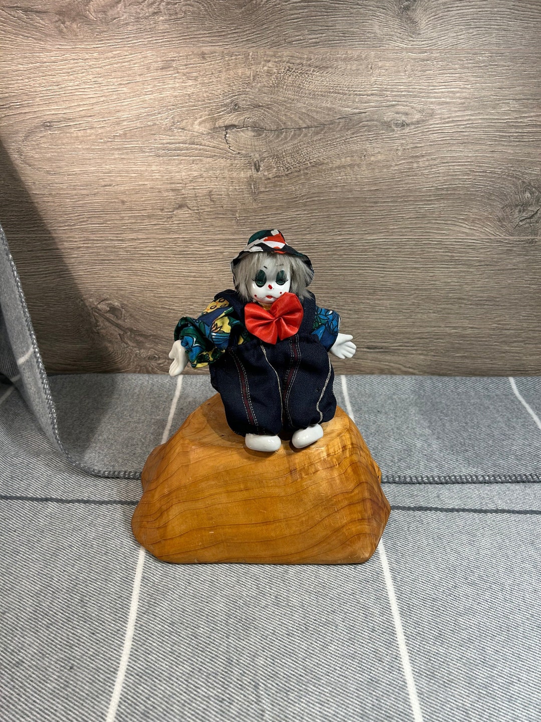 Vintage Porcelain Multi Colour Clown Doll With Bucket Hat and Eyes Shut ...