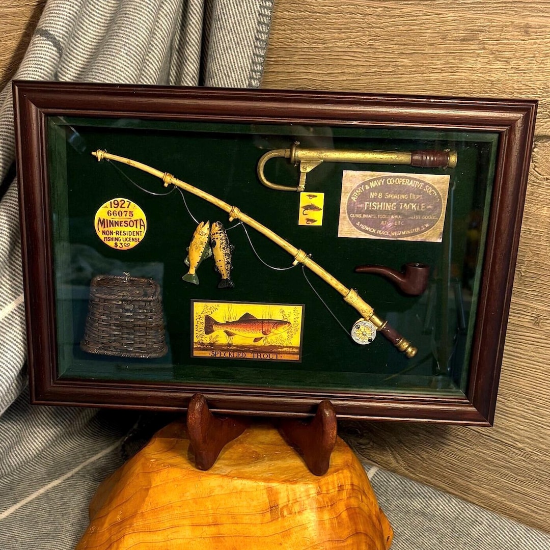 Vintage Fishing Shadow Box | Diorama 3D Fisherman's Framed Wall Hanging ...