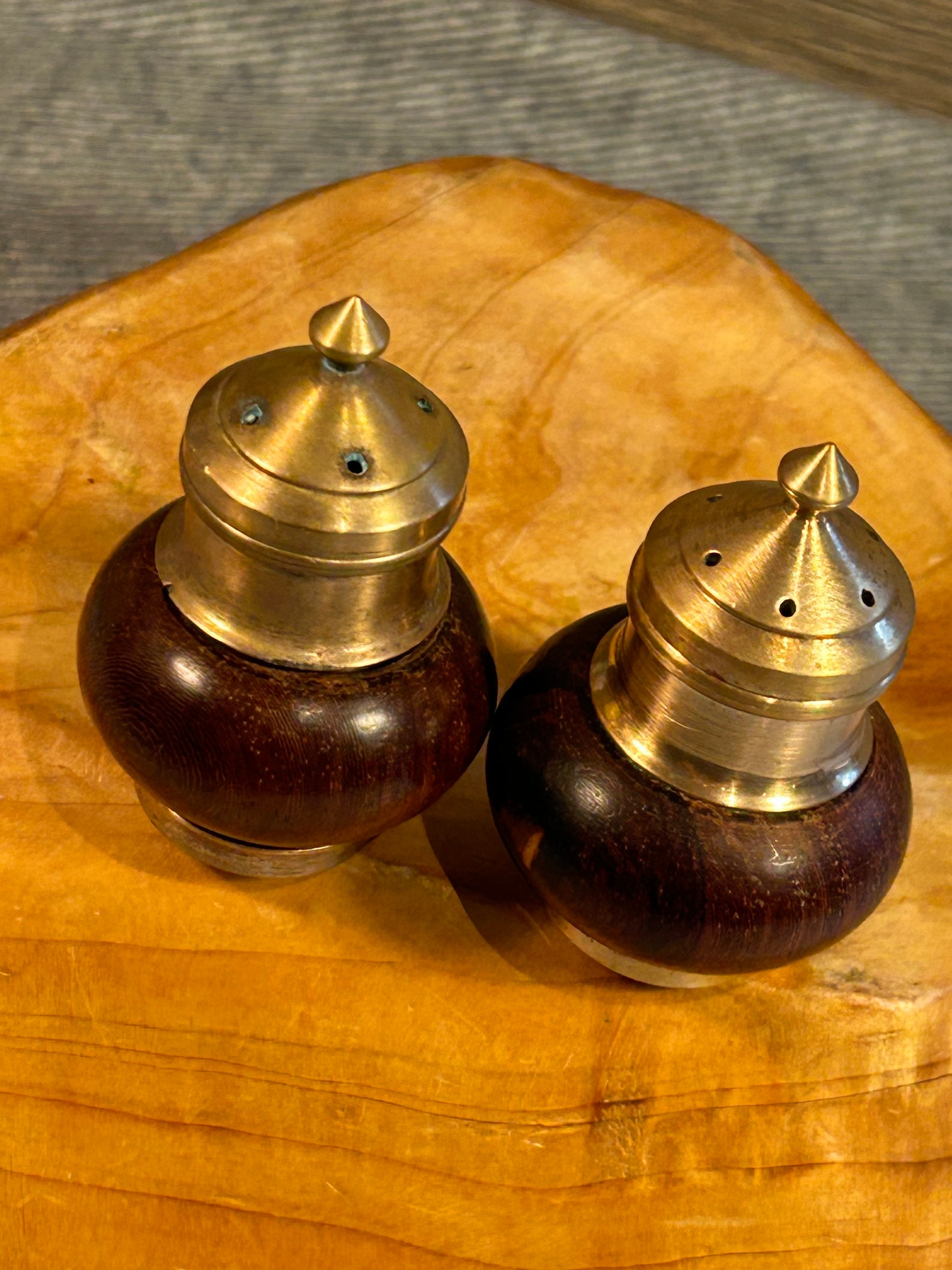 Vintage Brass and Walnut Gold Tone Wooden Salt and Pepper Shakers- 1 is ...
