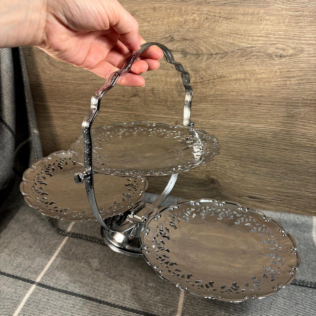 Vintage Silver Tone 3-tier Folding Filigree Metal Cake, Nibble & Snack ...