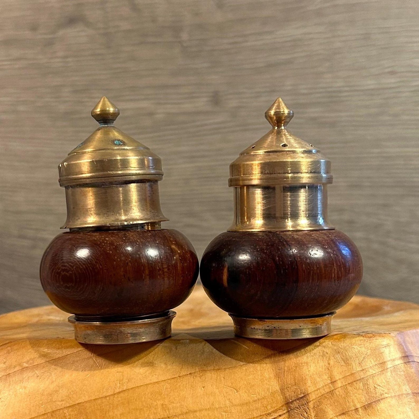Vintage Brass and Walnut Gold Tone Wooden Salt and Pepper Shakers- 1 is ...