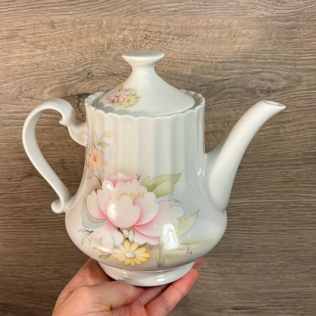 Vintage Bone China Pink Lotus Flower Teapot | Ribbed Scalloped ...