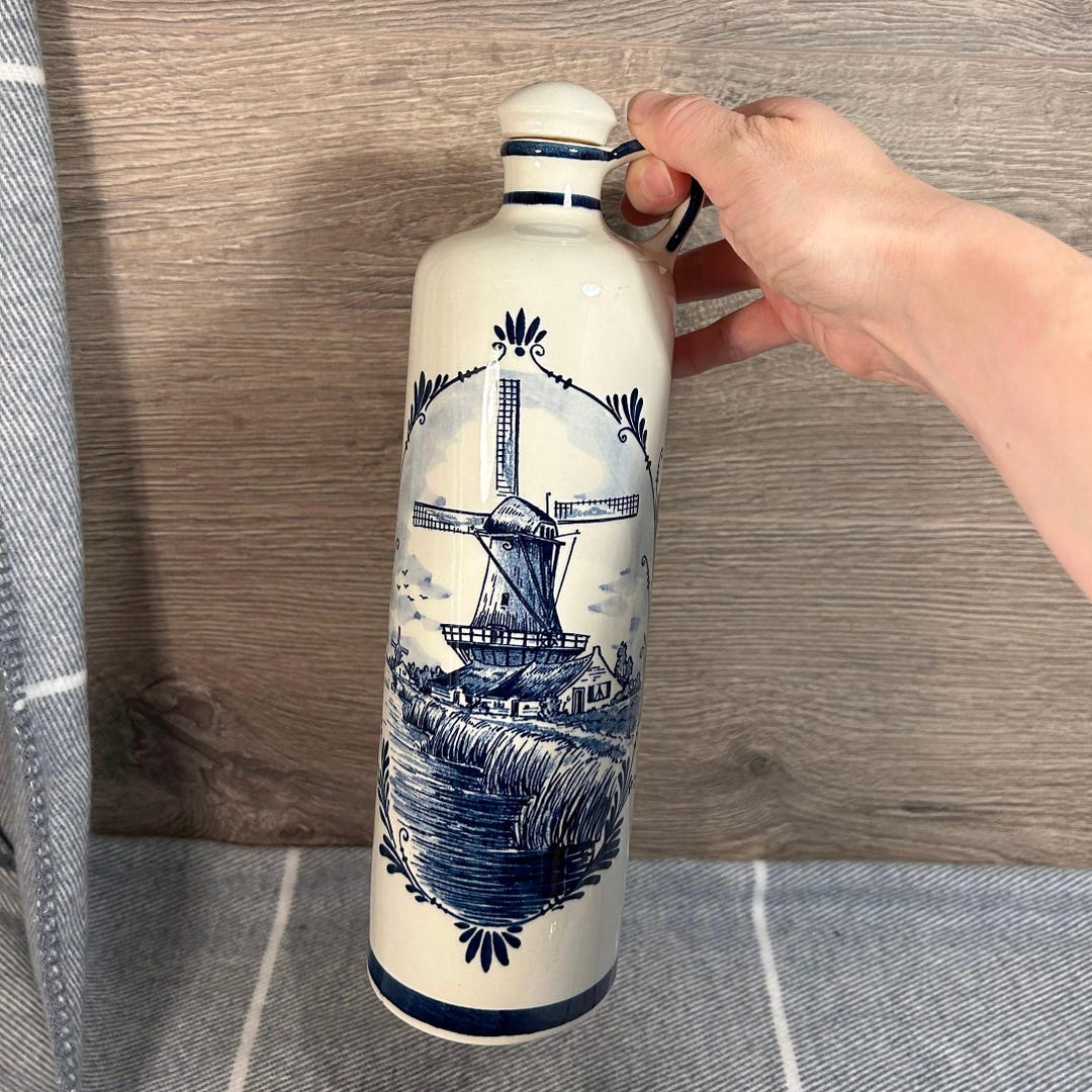 Vintage Delft Blue Bols Hand Painted Flask Bottle With Windmill & Cork ...
