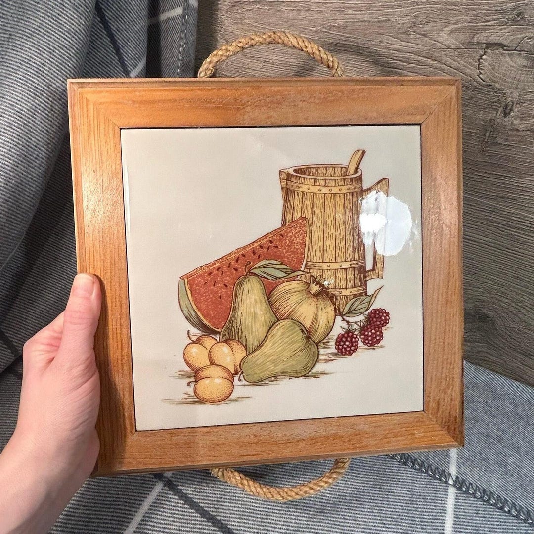 Vintage Wooden Food Cutting Board Tray With Fruit & Wooden Tankard Tile ...