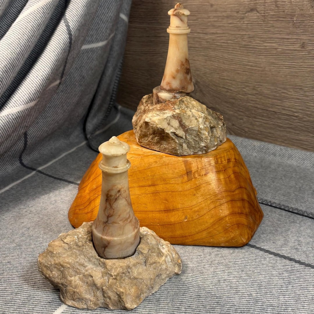 Vintage Alabaster Rocky Cliff Lighthouse Sculptures- Set of 2 | Chipped ...