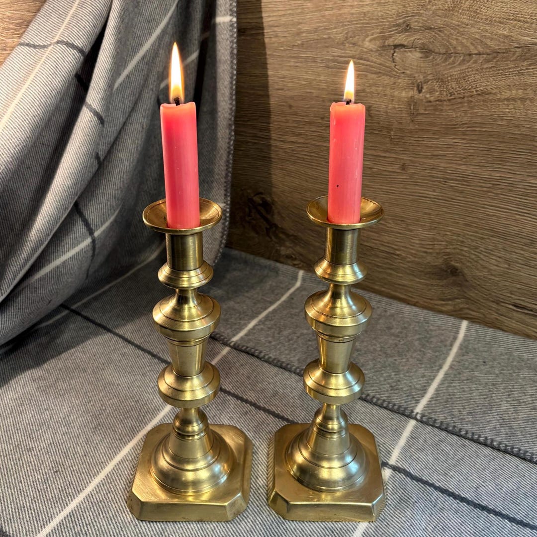 Vintage Brass Chunky Tall Candlesticks | Square Base Matching Candle ...