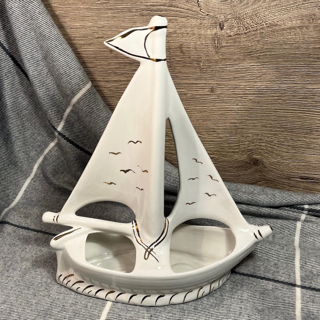 Vintage White Ceramic Minimalist Gilded Large Single Mast Sailboat ...