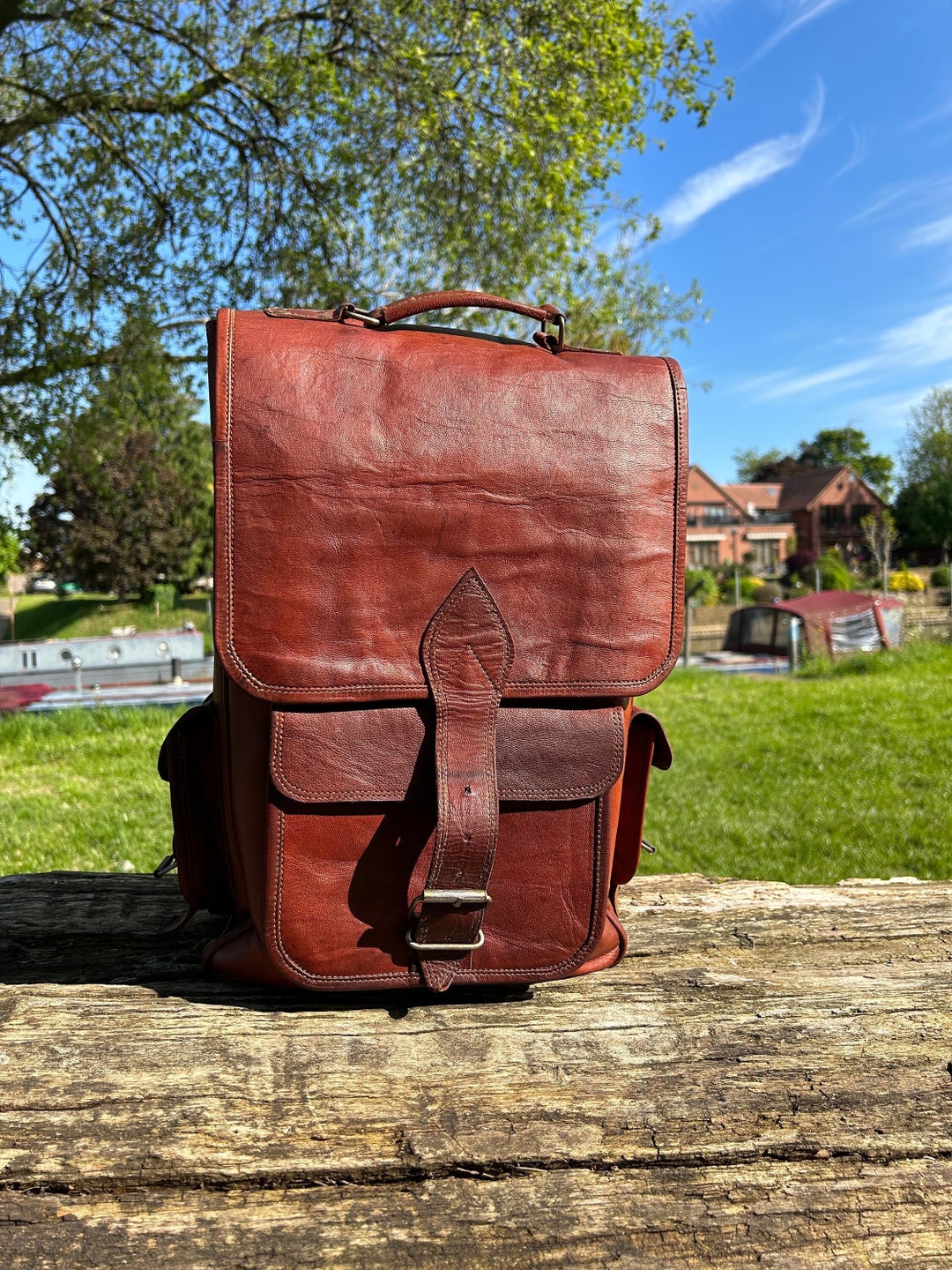 Vintage Handmade Tan Brown Leather Rucksack and Crossbody Bag Worn ...