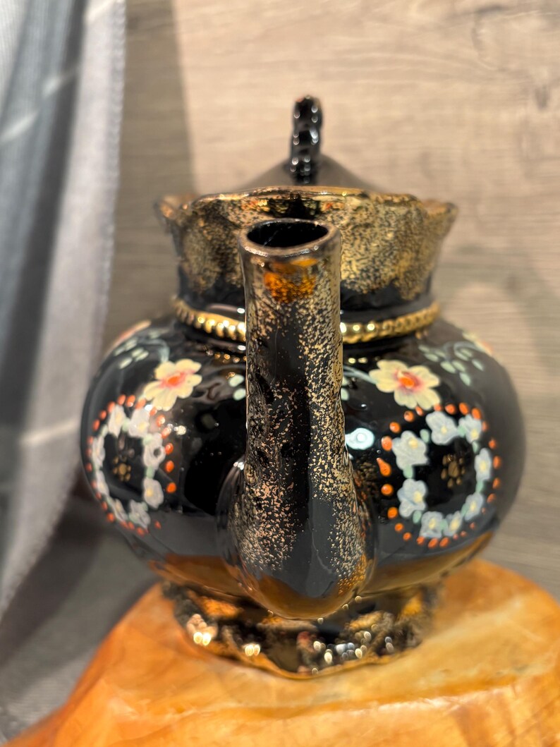 Vintage Jackfield Hand Painted Flower Black Gilded Mourning Teapot ...