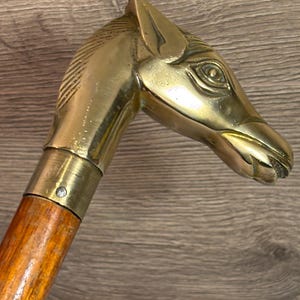 Vintage Brass Horse Head Handle Wooden Collapsible Walking Cane | MCM ...