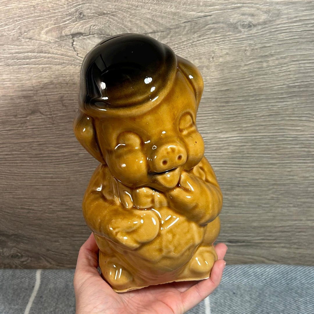 Vintage 1970s R Moss Pottery Brown Glaze Large Ceramic Happy Piggy Bank ...