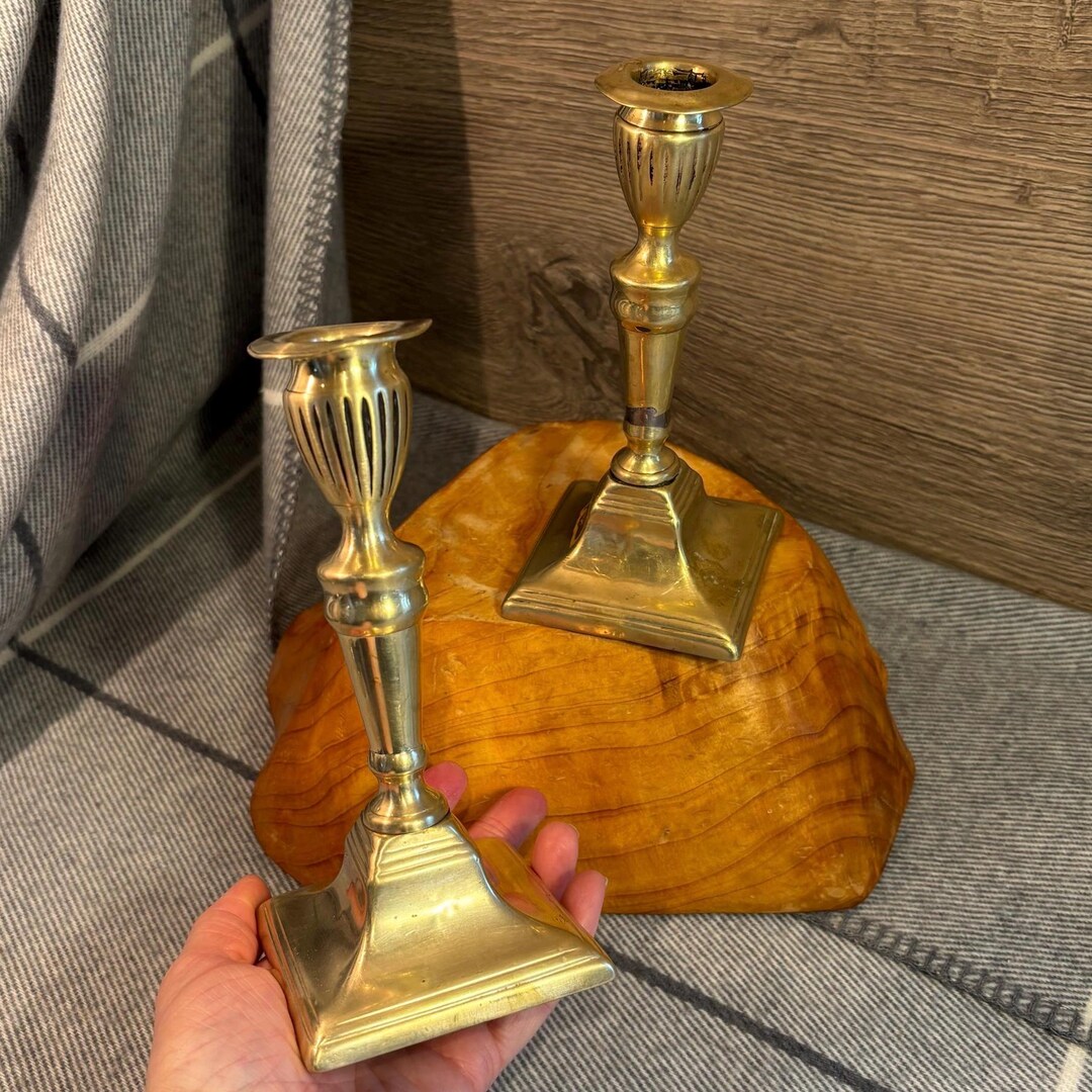 Vintage Brass Classic Short Antique Candlesticks | Rustic Square Base ...