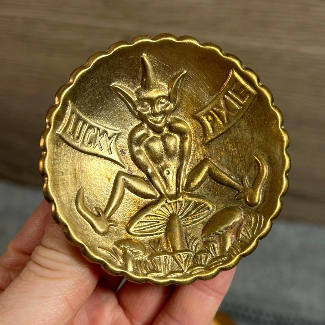 Vintage Mid Century Brass Happy Lucky Pixie Leaping Over Mushrooms ...