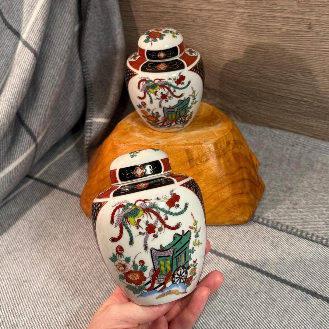Vintage Japanese Phoenix Bird & Green Carriage Cart Lidded Ginger Jars ...