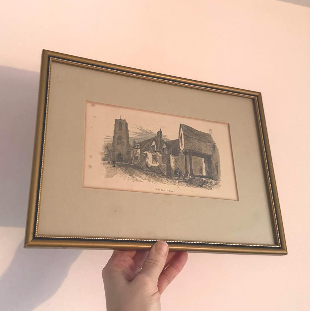 Vintage C1876 West Gate Warwick England Monochrome Wood Engraving ...
