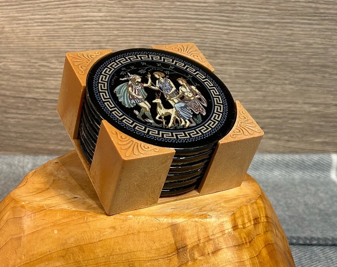 Vintage Ancient Greek Mythology & Meander Terracotta Round Drink ...