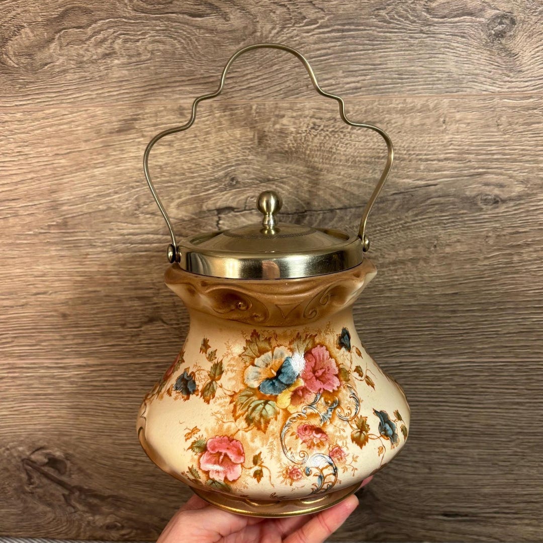 Vintage EPNS Devon Ware SF & Co England Floral Cookie Jar With Swing ...