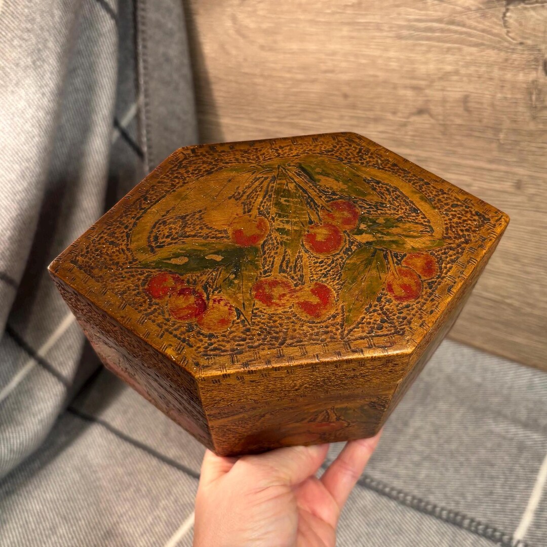 Vintage Red Cherry Wooden Hexagonal Hinged Lidded Old Box | Antique ...