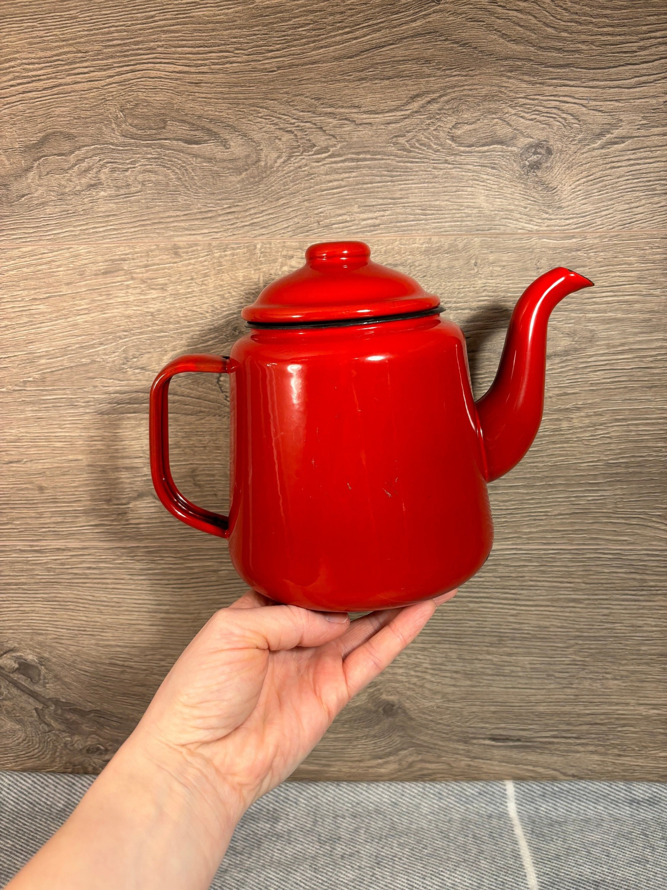 Tea Pots Red Enamel Tea Kettle Vintage Retro Red Enamel Teapot Kettle ...