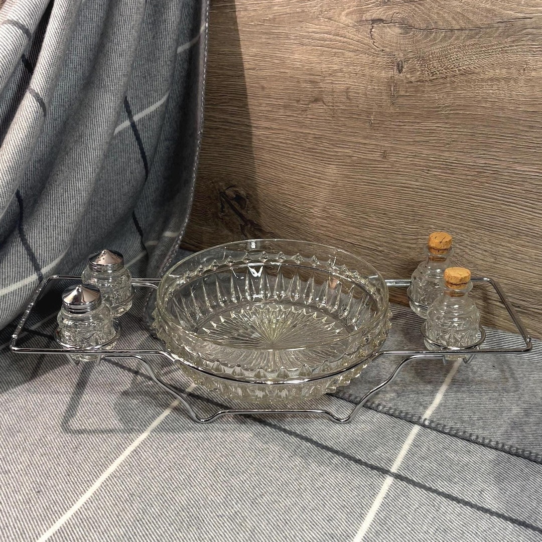 Vintage Chrome Rack Cut Glass Salad Bowl With Salt Pepper Oil Vinegar ...