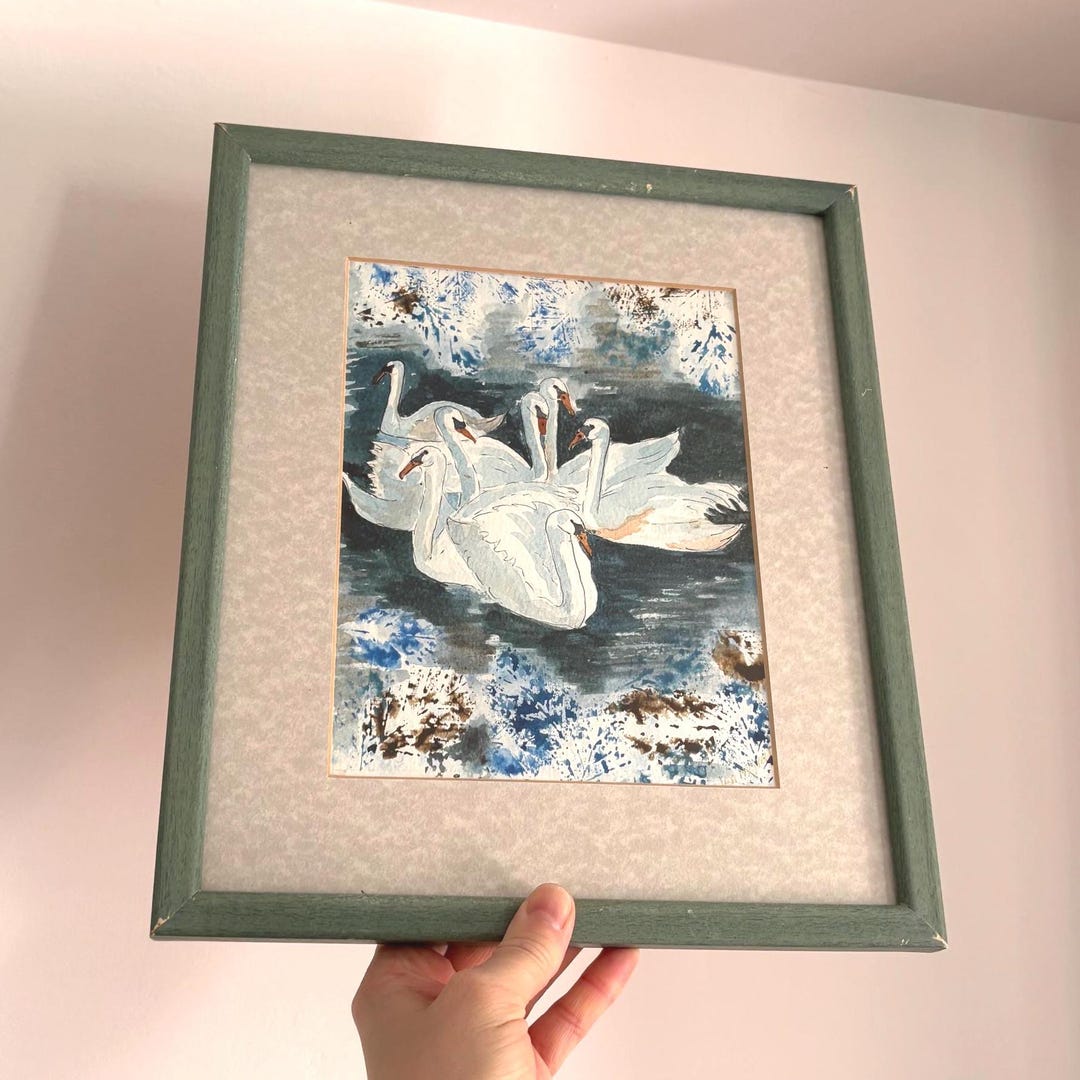 Vintage Jen Ingram Peace 7 White Swans Watercolour Painting Wall ...