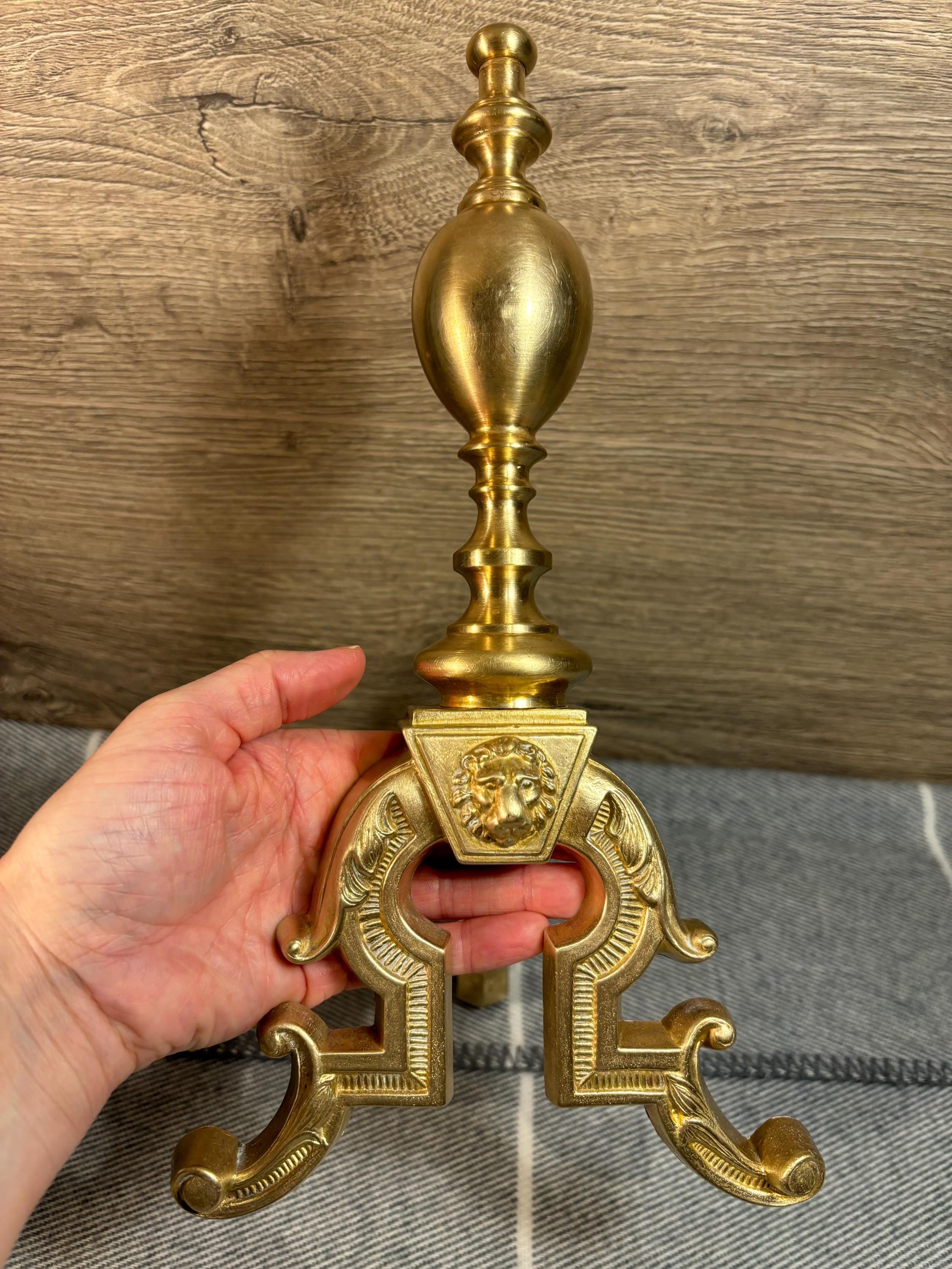 Vintage Brevetatto Italy Lion Head Brass Fire Dogs | MCM Mediterranean ...