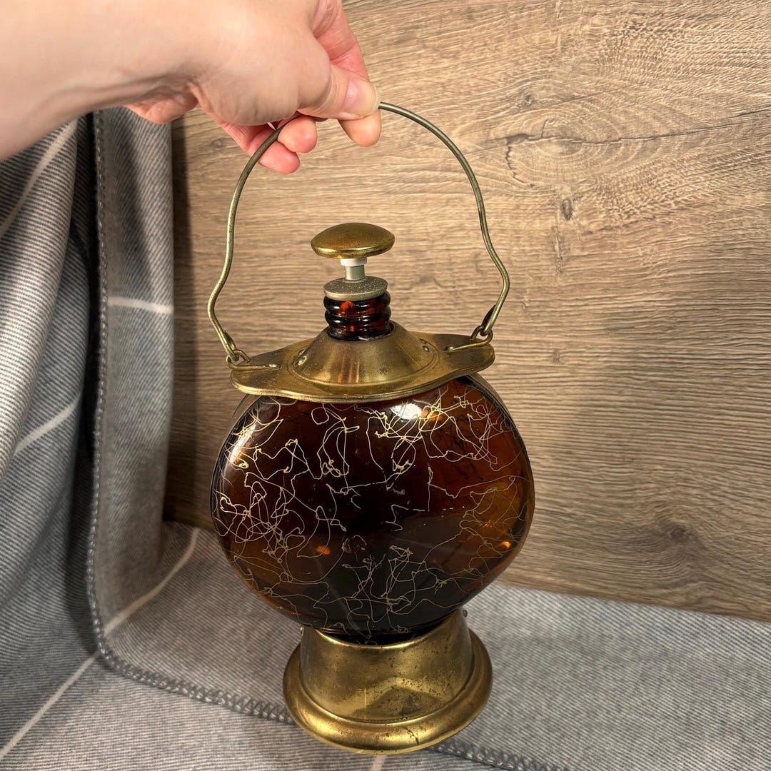 Vintage Mid Century Amber Brown Glass & Brass Musical Lantern Style ...